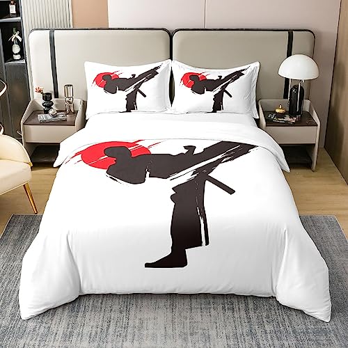 jejeloiu Japanese Style Bedding Set Taekwondo Design Cotton Duvet Cover Set Queen Black White Red Comforter Cover Set for Children Kids Boys Girls Japanese Sports Bedspread Cover Room Decor Bedcothes