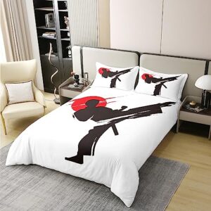 jejeloiu Japanese Style Bedding Set Taekwondo Design Cotton Duvet Cover Set Queen Black White Red Comforter Cover Set for Children Kids Boys Girls Japanese Sports Bedspread Cover Room Decor Bedcothes