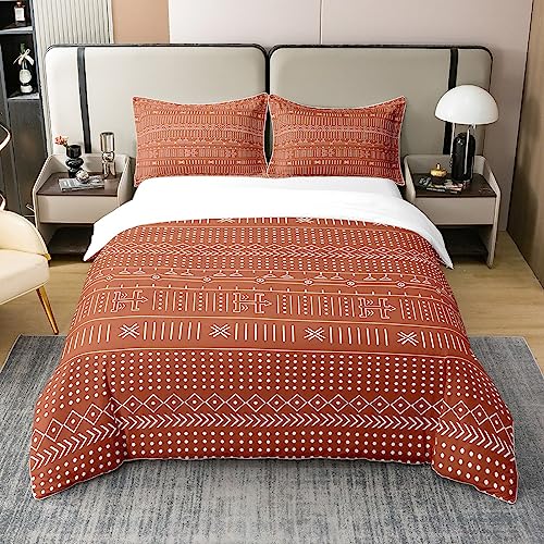 Exotic Geometric Cotton Duvet Cover Set Queen Ethnic African Inspired Boho Bedding Set for Women Men Ultra Soft Rusty Red Stripe Line Comforter Cover Set Arrow Bedspread Cover Room Decor Bedcothes