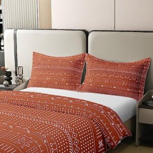 Exotic Geometric Cotton Duvet Cover Set Queen Ethnic African Inspired Boho Bedding Set for Women Men Ultra Soft Rusty Red Stripe Line Comforter Cover Set Arrow Bedspread Cover Room Decor Bedcothes