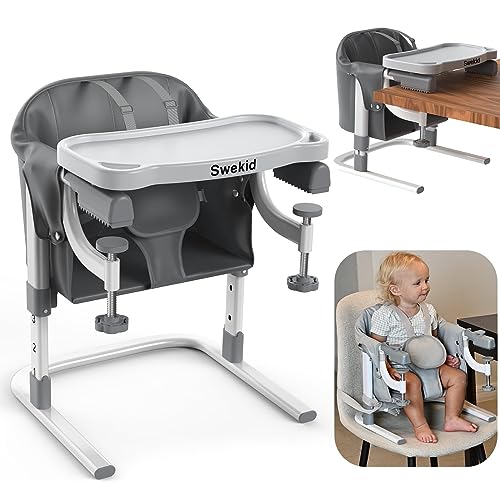 Swekid 3-in-1 Portable High Chair for Babies & Toddlers, Baby Hook Clip on Fast Table Chair w/PU Leather, Adjustable Height, Kids Booster Seat with Tray, Perfect for Dining Table Travel Camping Beach