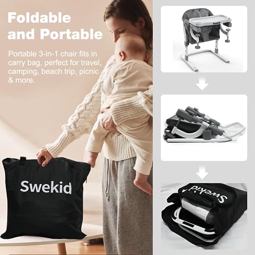 Swekid 3-in-1 Portable High Chair for Babies & Toddlers, Baby Hook Clip on Fast Table Chair w/PU Leather, Adjustable Height, Kids Booster Seat with Tray, Perfect for Dining Table Travel Camping Beach