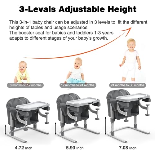 Swekid 3-in-1 Portable High Chair for Babies & Toddlers, Baby Hook Clip on Fast Table Chair w/PU Leather, Adjustable Height, Kids Booster Seat with Tray, Perfect for Dining Table Travel Camping Beach