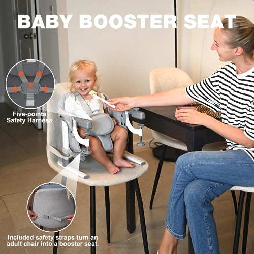 Swekid 3-in-1 Portable High Chair for Babies & Toddlers, Baby Hook Clip on Fast Table Chair w/PU Leather, Adjustable Height, Kids Booster Seat with Tray, Perfect for Dining Table Travel Camping Beach