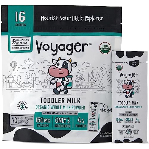 Voyager Toddler Milk On The Go, USDA Organic Shelf Stable Whole Milk Powder, Great for Travel, No Refrigeration, Gluten Free with No GMO's and No Antibiotics for Kids, 16 Sachets of 15g