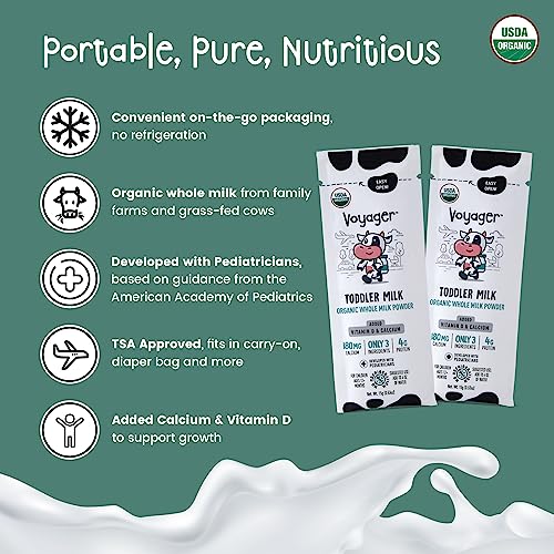 Voyager Toddler Milk On The Go, USDA Organic Shelf Stable Whole Milk Powder, Great for Travel, No Refrigeration, Gluten Free with No GMO's and No Antibiotics for Kids, 16 Sachets of 15g