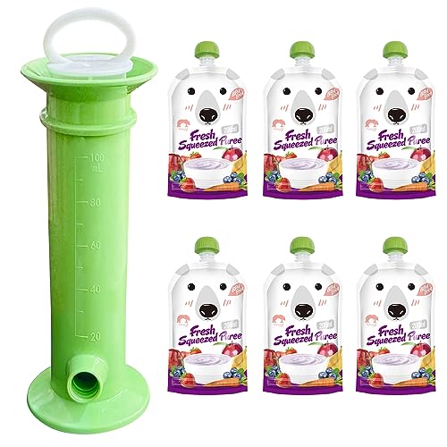 Baby Food Pouch Maker with 6pcs 200ML Reusable Pure Color Pouches Toddler Fruit Squeeze Puree Filler for Kids (Green)