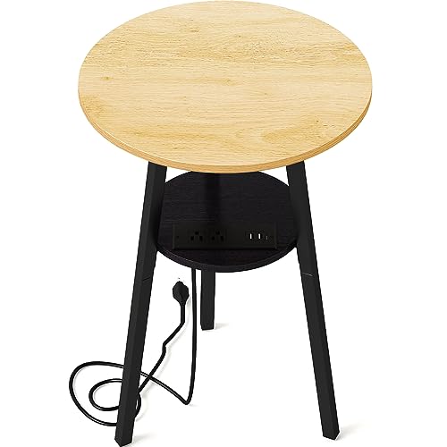 IRCPEN Round End Table with Charging Station, 2-Tier Small Round Table with USB Ports & Power Outlets, Rustic Vintage Nightstand Bedside Table Sofa Table for Bedroom, Living Room (Natural)