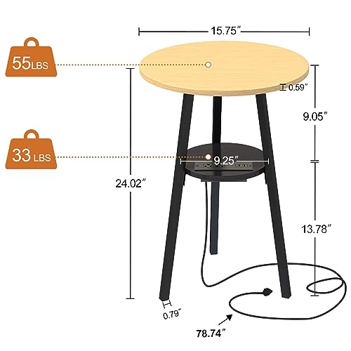 IRCPEN Round End Table with Charging Station, 2-Tier Small Round Table with USB Ports & Power Outlets, Rustic Vintage Nightstand Bedside Table Sofa Table for Bedroom, Living Room (Natural)