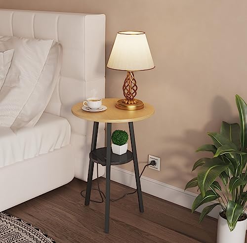 IRCPEN Round End Table with Charging Station, 2-Tier Small Round Table with USB Ports & Power Outlets, Rustic Vintage Nightstand Bedside Table Sofa Table for Bedroom, Living Room (Natural)