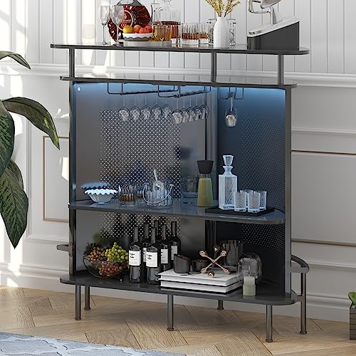 CECER Wine Bar Cabinet with 4 Tiers Storage | RGB LED Light Metal Mesh Industrial Buffet Coffee Counter with Red Wine Rack | Modern Iron＆Wood Mini Liquor Cabinet with Footrest for Home Black