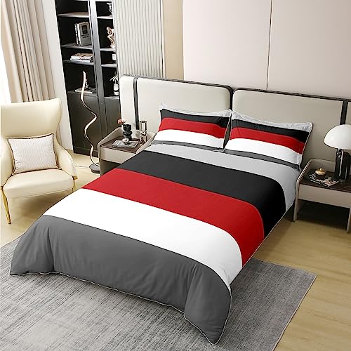 Erosebridal 100% Natural Cotton Red Black Stripes Twin Comforter Cover,Patchwork Geometric Striped Bedding Set White Grey Geometry Lines Duvet Cover Farmhouse Soft Breathable Cozy Room Decor