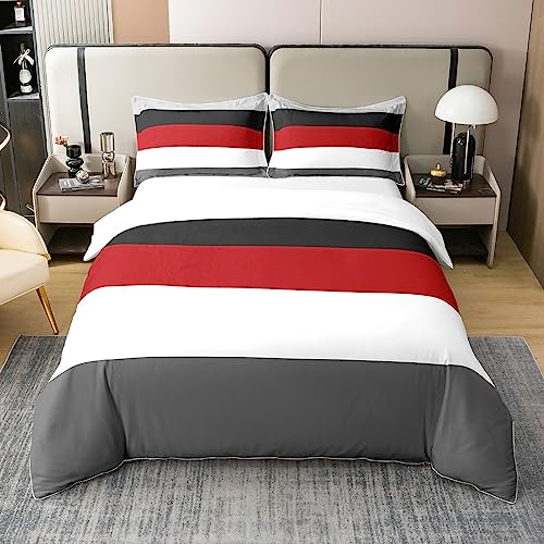 Erosebridal 100% Natural Cotton Red Black Stripes Twin Comforter Cover,Patchwork Geometric Striped Bedding Set White Grey Geometry Lines Duvet Cover Farmhouse Soft Breathable Cozy Room Decor