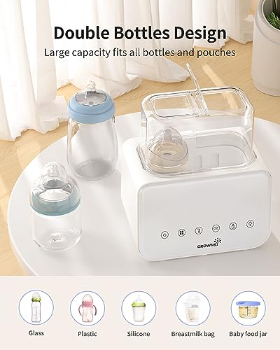 Baby Bottle Warmer, Grownsy 10-in-1 Fast Bottle Warmer Accurate Tem Control, with LCD Display, Timer, Defrost, Sterili-zing, Keep 24H, Double Bottle Warmer for Breastmilk& Formula, Heat Baby Food Jars