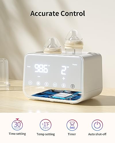 Baby Bottle Warmer, Grownsy 10-in-1 Fast Bottle Warmer Accurate Tem Control, with LCD Display, Timer, Defrost, Sterili-zing, Keep 24H, Double Bottle Warmer for Breastmilk& Formula, Heat Baby Food Jars