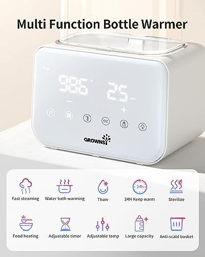 Baby Bottle Warmer, Grownsy 10-in-1 Fast Bottle Warmer Accurate Tem Control, with LCD Display, Timer, Defrost, Sterili-zing, Keep 24H, Double Bottle Warmer for Breastmilk& Formula, Heat Baby Food Jars