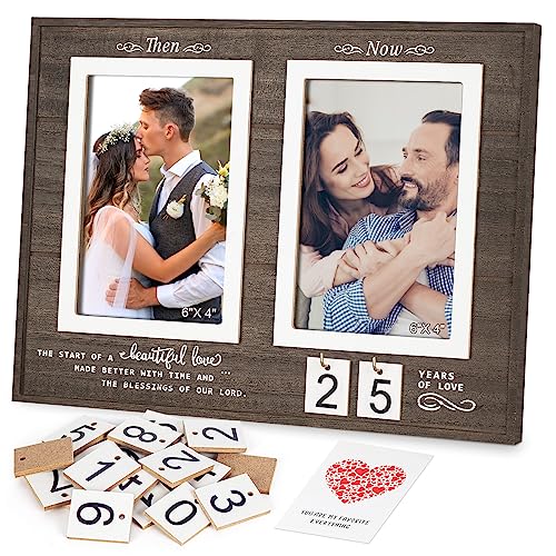 Then & Now Anniversary Picture Frame, 1-99 Years Wedding Gift Ideas - Anniversary Wood Photo Frame, Engagement Bridal Shower Gifts with Sentimental Quote - Holds 2 4x6 Inches Photos (Then & Now)