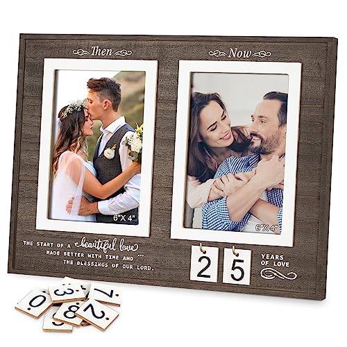 Then & Now Anniversary Picture Frame, 1-99 Years Wedding Gift Ideas - Anniversary Wood Photo Frame, Engagement Bridal Shower Gifts with Sentimental Quote - Holds 2 4x6 Inches Photos (Then & Now)