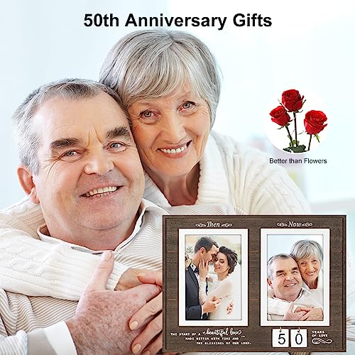 Then & Now Anniversary Picture Frame, 1-99 Years Wedding Gift Ideas - Anniversary Wood Photo Frame, Engagement Bridal Shower Gifts with Sentimental Quote - Holds 2 4x6 Inches Photos (Then & Now)