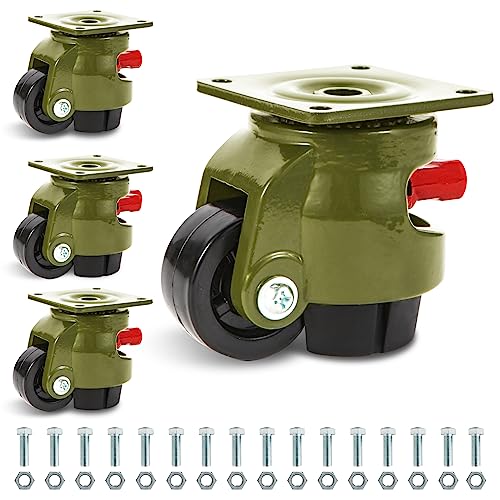 Leveling Machine Casters Wheels, Heavy Duty Workbench Casters with Ratchet Arm 2200 LBS, Green Retractable Casters Set of 4, Nylon Wheels & Leveling Feet, Suitable for Equipment, Workbench