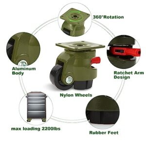 Leveling Machine Casters Wheels, Heavy Duty Workbench Casters with Ratchet Arm 2200 LBS, Green Retractable Casters Set of 4, Nylon Wheels & Leveling Feet, Suitable for Equipment, Workbench