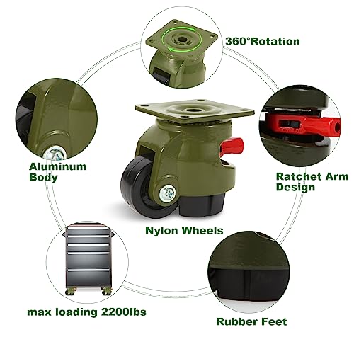 Leveling Machine Casters Wheels, Heavy Duty Workbench Casters with Ratchet Arm 2200 LBS, Green Retractable Casters Set of 4, Nylon Wheels & Leveling Feet, Suitable for Equipment, Workbench