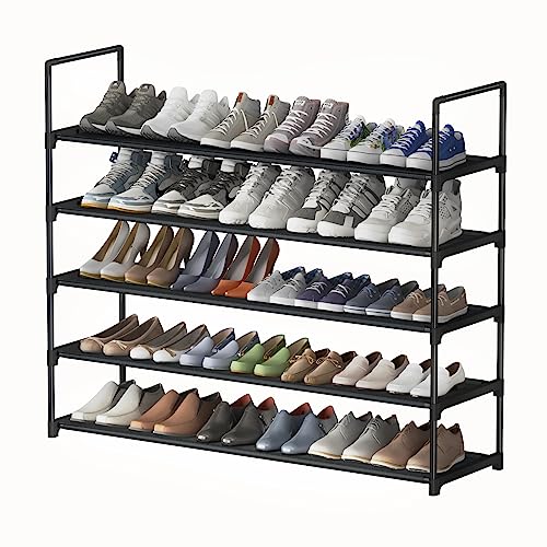 HITHIM 5 Tier Long Shoe Rack,Stackable Wide Shoe Shelf for Shoe Storage,Sturdy Shoe Stand,Non-Woven Fabric Shoe Organizer for Closet,Upgrade Shoe Holder for Entryway, Doorway and Bedroom