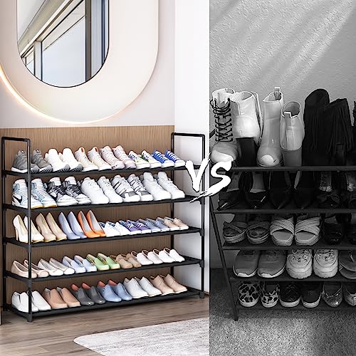 HITHIM 5 Tier Long Shoe Rack,Stackable Wide Shoe Shelf for Shoe Storage,Sturdy Shoe Stand,Non-Woven Fabric Shoe Organizer for Closet,Upgrade Shoe Holder for Entryway, Doorway and Bedroom