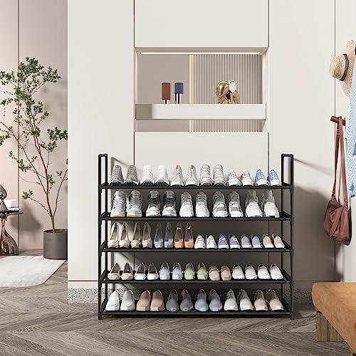 HITHIM 5 Tier Long Shoe Rack,Stackable Wide Shoe Shelf for Shoe Storage,Sturdy Shoe Stand,Non-Woven Fabric Shoe Organizer for Closet,Upgrade Shoe Holder for Entryway, Doorway and Bedroom