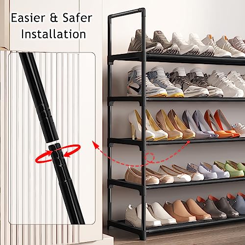 HITHIM 5 Tier Long Shoe Rack,Stackable Wide Shoe Shelf for Shoe Storage,Sturdy Shoe Stand,Non-Woven Fabric Shoe Organizer for Closet,Upgrade Shoe Holder for Entryway, Doorway and Bedroom