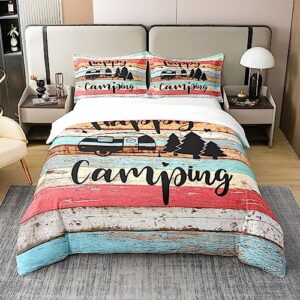 100% cotton happy camping duvet cover queen rv camper trailer bedding set for boys girls bedroom farmhouse style wooden stripes comforter cover red blue soft breathable quilt cover