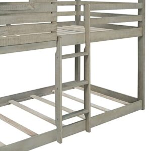 Mesnt Twin Bunk Bed Frame | Twin Over Twin Bunk Bed Wood Loft Bed with Roof, Window, Guardrail, Ladder Antique Gray