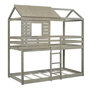 Mesnt Twin Bunk Bed Frame | Twin Over Twin Bunk Bed Wood Loft Bed with Roof, Window, Guardrail, Ladder Antique Gray