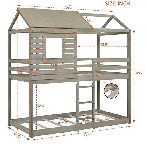 Mesnt Twin Bunk Bed Frame | Twin Over Twin Bunk Bed Wood Loft Bed with Roof, Window, Guardrail, Ladder Antique Gray