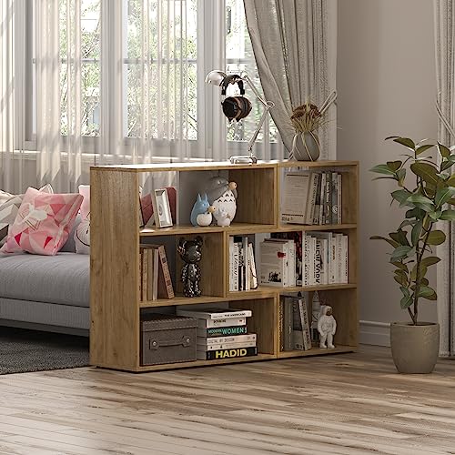 Tangkula 6 Cubes Bookcase, 2-Piece Separable Floor Standing Open Horizontal Bookshelf, Multifunctional Display Storage Shelf Room Organizer for Living Room Study Office, 52 x 12 x 33 Inch (Yellow-Oak)