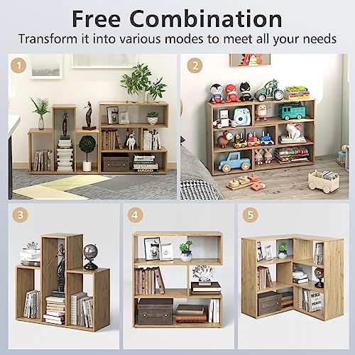 Tangkula 6 Cubes Bookcase, 2-Piece Separable Floor Standing Open Horizontal Bookshelf, Multifunctional Display Storage Shelf Room Organizer for Living Room Study Office, 52 x 12 x 33 Inch (Yellow-Oak)