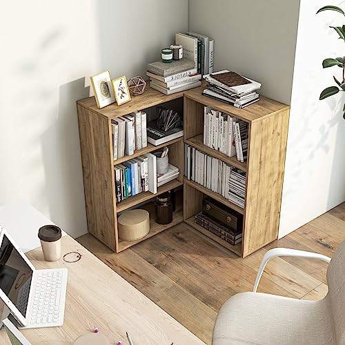 Tangkula 6 Cubes Bookcase, 2-Piece Separable Floor Standing Open Horizontal Bookshelf, Multifunctional Display Storage Shelf Room Organizer for Living Room Study Office, 52 x 12 x 33 Inch (Yellow-Oak)