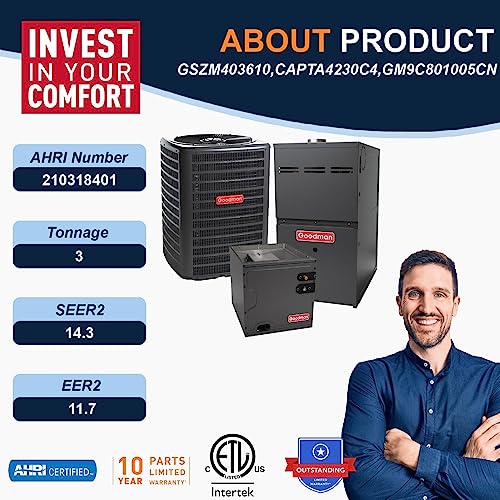 Goodman 3 Ton 14.3 SEER2 Single Stage Heat Pump GSZM403610 and 100,000 BTU 80% AFUE Multi-Speed Gas Furnace GM9C801005CN Upflow System with CAPTA4230C4