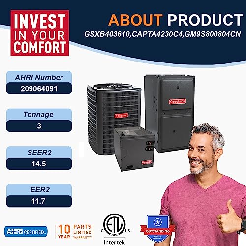 Goodman 3 Ton 14.5 SEER2 Single Stage Air Conditioner GSXB403610 and 80,000 BTU 92% AFUE Multi-Speed Gas Furnace GM9S920804CN Upflow System with CAPTA4230C4