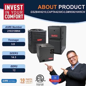 Goodman 3.5 Ton 14.3 SEER2 Single Stage Heat Pump GSZB404210 and 100,000 BTU 92% AFUE Multi-Speed Gas Furnace GM9S921005CN Upflow System with CAPTA4230C4