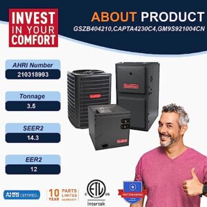 Goodman 3.5 Ton 14.3 SEER2 Single Stage Heat Pump GSZB404210 and 100,000 BTU 92% AFUE Multi-Speed Gas Furnace GM9S921004CN Upflow System with CAPTA4230C4