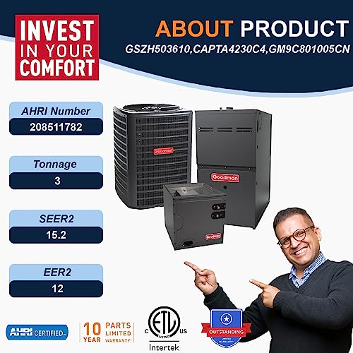 Goodman 3 Ton 15.2 SEER2 Single Stage Heat Pump GSZH503610 and 100,000 BTU 80% AFUE Multi-Speed Gas Furnace GM9C801005CN Upflow System with CAPTA4230C4