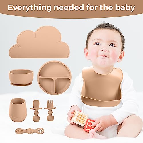 8-PIECE SILICONE BABY FEEDING SET-SUCTION BOWL, DIVIDED PLATE, SIPPY CUP, PRE-POON,BABY FORK, SPOON, ADJUSTABLE BIB, PLACEMAT, FALL, BABY ITEMS, BABY LED WEANING SUPPLIES, BABY LED WEANING UTENSILS