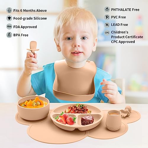 8-PIECE SILICONE BABY FEEDING SET-SUCTION BOWL, DIVIDED PLATE, SIPPY CUP, PRE-POON,BABY FORK, SPOON, ADJUSTABLE BIB, PLACEMAT, FALL, BABY ITEMS, BABY LED WEANING SUPPLIES, BABY LED WEANING UTENSILS