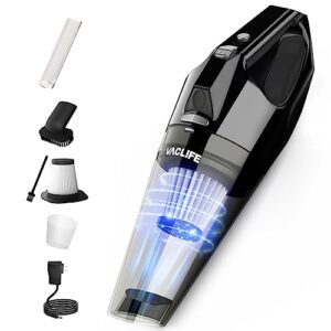 vaclife handheld vacuum - high power car vacuum cordless rechargeable with multipurpose nozzles, lightweight mini vacuum with led light, portable vacuum cleaner for home, silver&black (vl756)