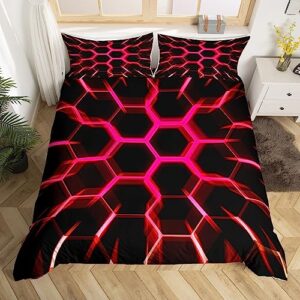 erosebridal honeycomb bedding set for girls,red pink 3d beehive comforter cover,geometric hexagon duvet cover,glowing glitter neon lights bed sets full chic simplistic style bedroom decor black