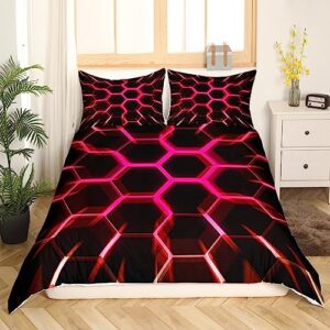 Erosebridal Honeycomb Bedding Set for Girls,Red Pink 3D Beehive Comforter Cover,Geometric Hexagon Duvet Cover,Glowing Glitter Neon Lights Bed Sets Full Chic Simplistic Style Bedroom Decor Black