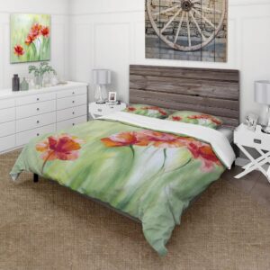 design art designart 'red blossoming poppies i' traditional duvet cover comforter set full/queen cover + comforter + 2 shams 4 piece