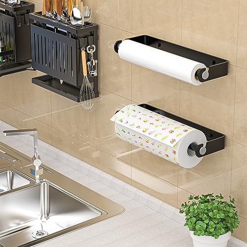 Paper Towel Holder Under Cabinet, Aheucndg Wall Mount Paper Towel Holder Self-Adhesive or Drill Mounting Paper Roll Holder for Kitchen Pantry (Black 1Pack)