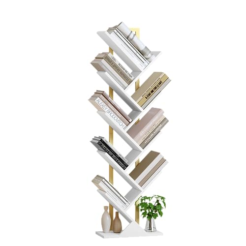 Yusong Tree Bookshelf, Geometric Bookcase with Steel Pipe for Living Room Bedroom, Floor Standing Books Shelves for Home Office (White, 9 Tier)